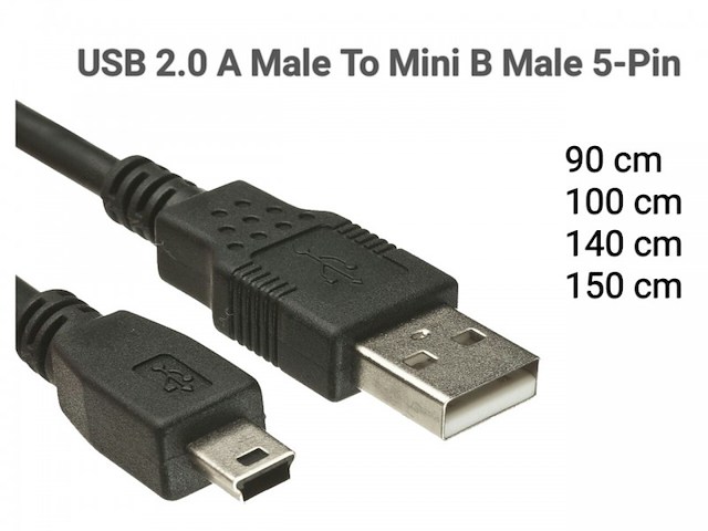 USB na mini B kabl 90 cm, 100 cm, 140 cm, 150 cm.. 300