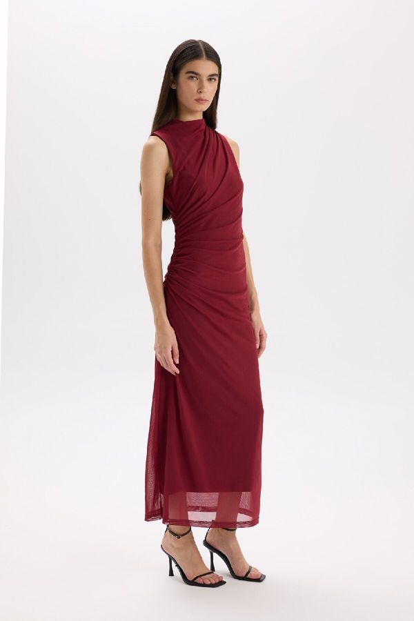 DEFACTO BODYCON BODYCON HALF TURTLENECK BASIC PLAIN TULLE SLEEVELESS MAXI DRESS