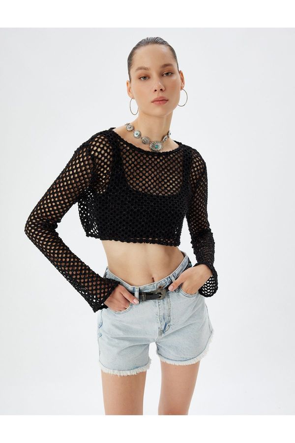 KOTON CROP OPENWORK KNITTED T-SHIRT LONG SLEEVES CREW NECK GLITTER LOOK