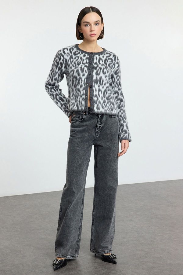 TRENDYOL ANTHRACITE LEOPARD PATTERNED KNITWEAR CARDIGAN