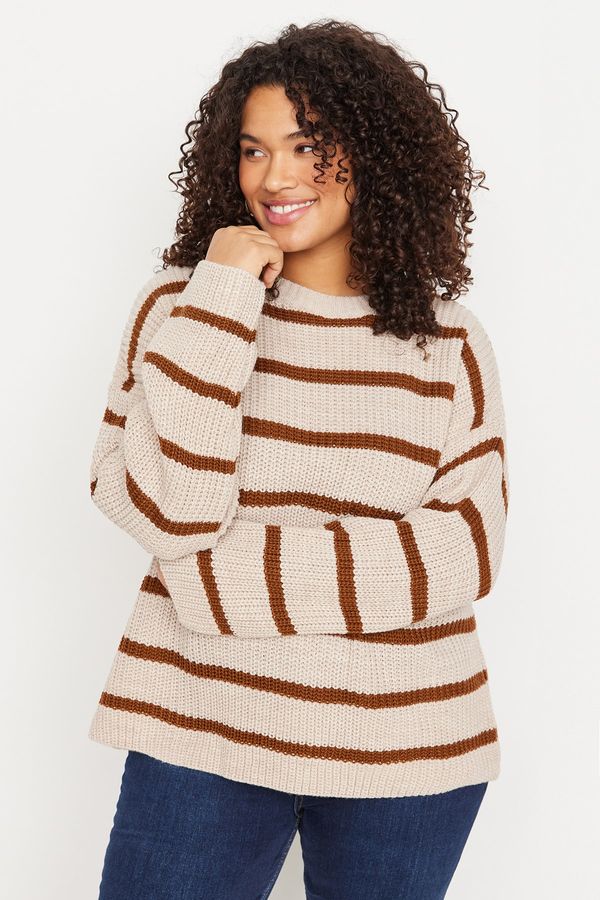 TRENDYOL CURVE STONE STRIPED RELAX PATTERN OFF SHOULDER KNITWEAR SWEATER