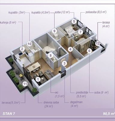 Lux stan,Vukov spomenik,3.5,101m2,III/IV,2 terase