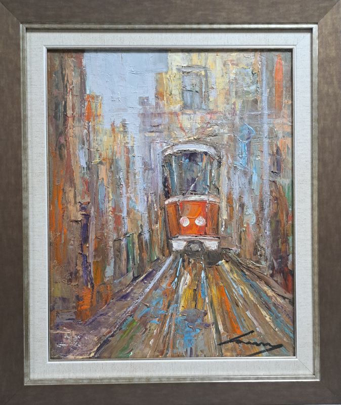 Crveni tramvaj, ulje na platnu, Ivan Vanja Milanovic, sa 63×53 cm, bez 50×40 cm, sertifikat, 150 evra