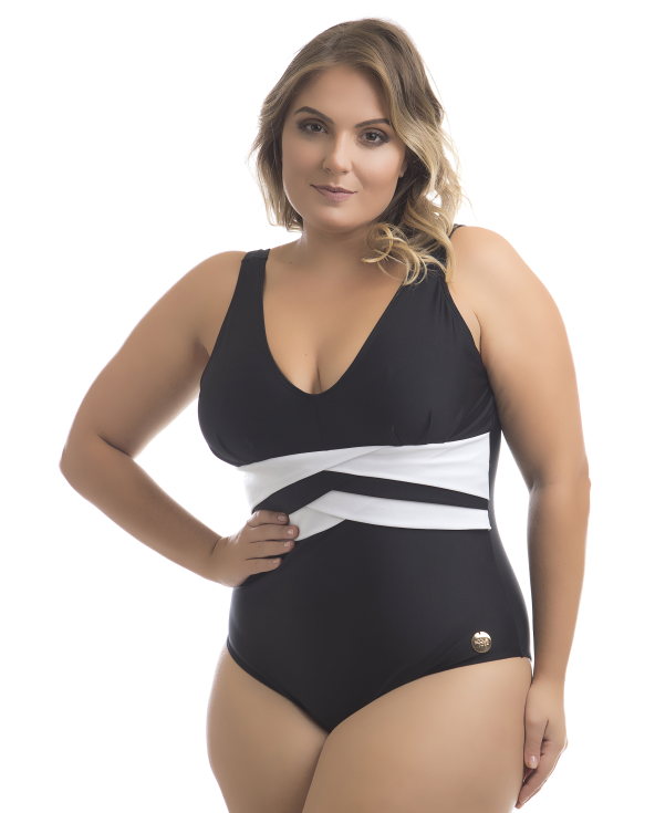 Zweifarbig Schwarz/Weißer Plus Size Badeanzug - Rosa Maio Lanai Preto/Branco