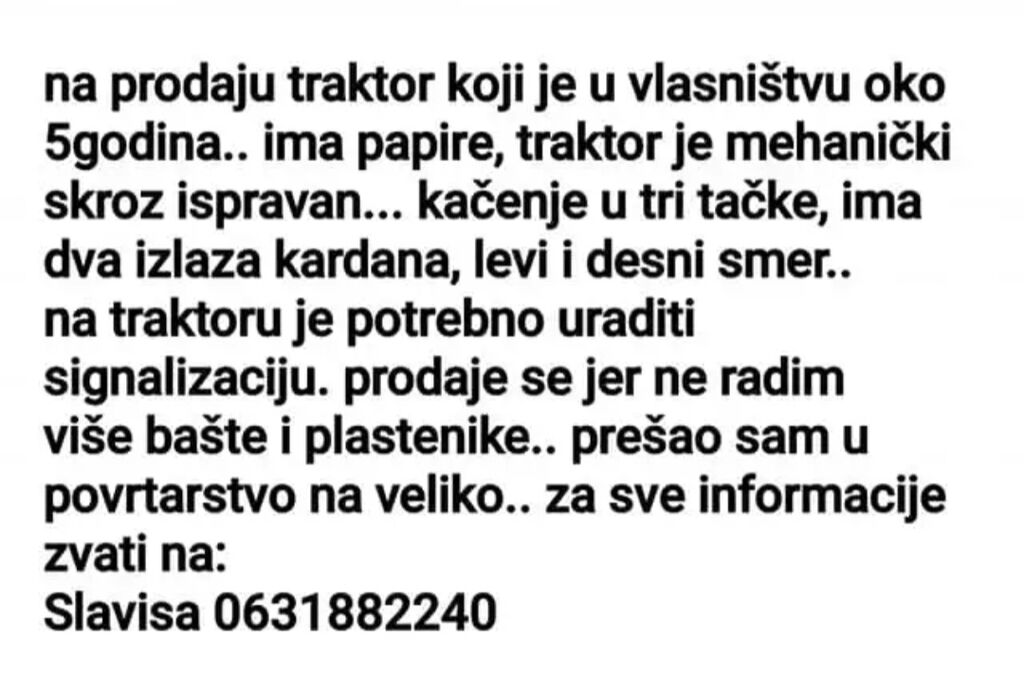 Traktor Toma Vinkovic za sve informacije zvati na