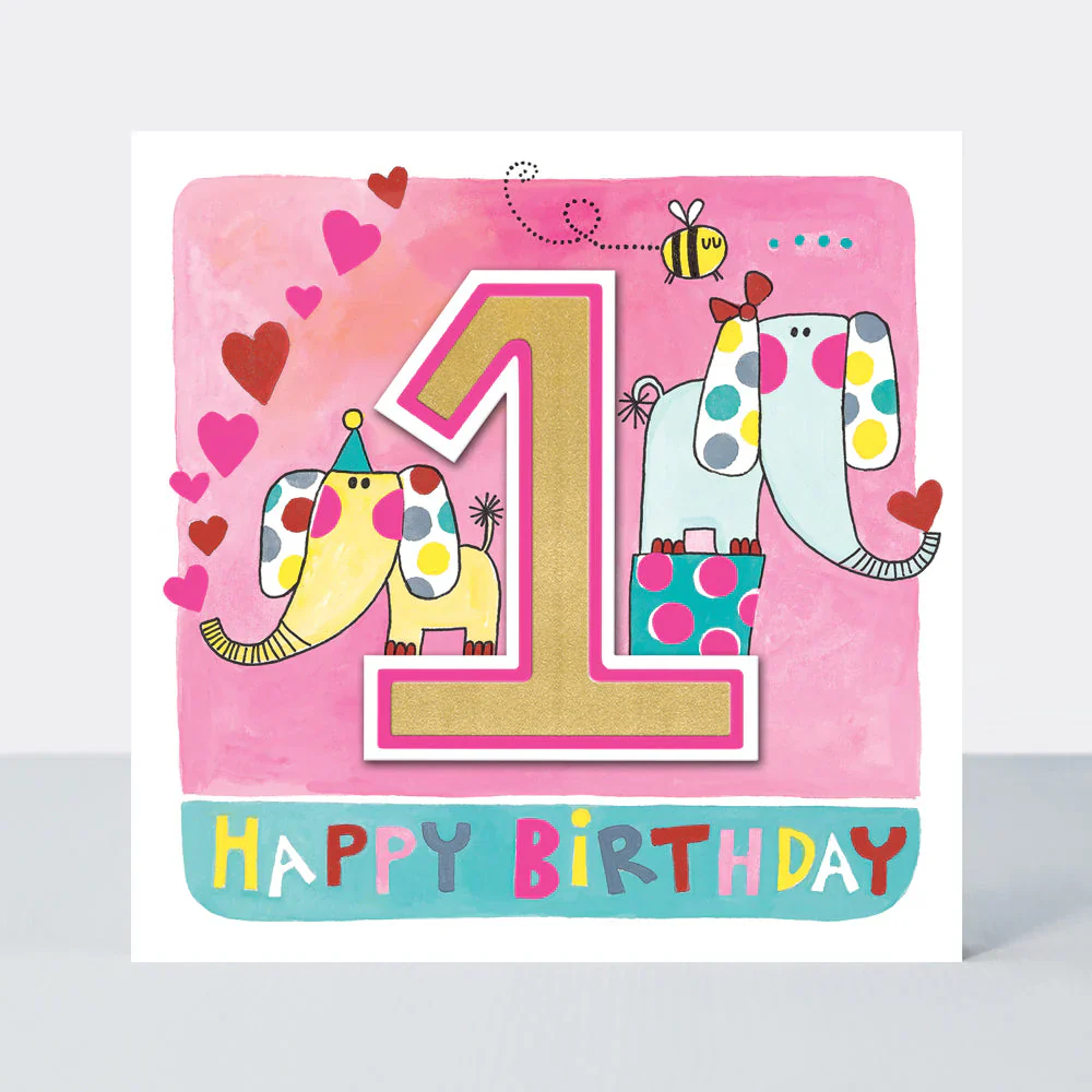 Čestitka - Age 1 Girl/Elephants birthday card