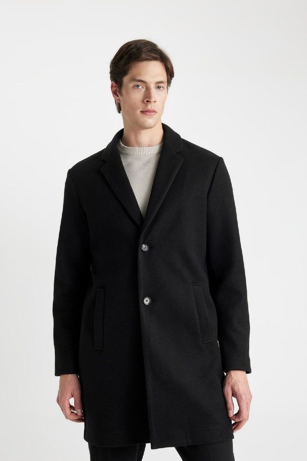 DEFACTO BLACK RELAX FIT BUTTONED POCKET LONG CASHMERE COAT