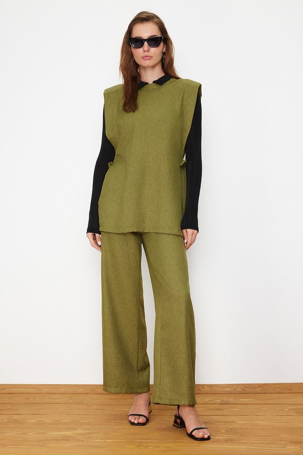 TRENDYOL KHAKI LINEN LOOK SIDE TIE WOVEN BOTTOM SET