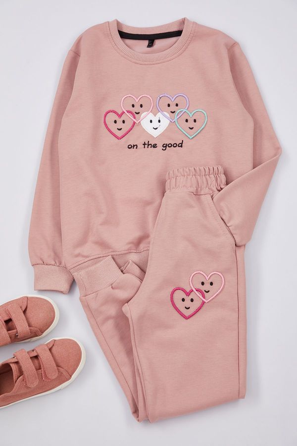 TRENDYOL GIRL'S ROSE HEART PATTERNED PAJAMA SET KNITTED BOTTOM-TOP SET