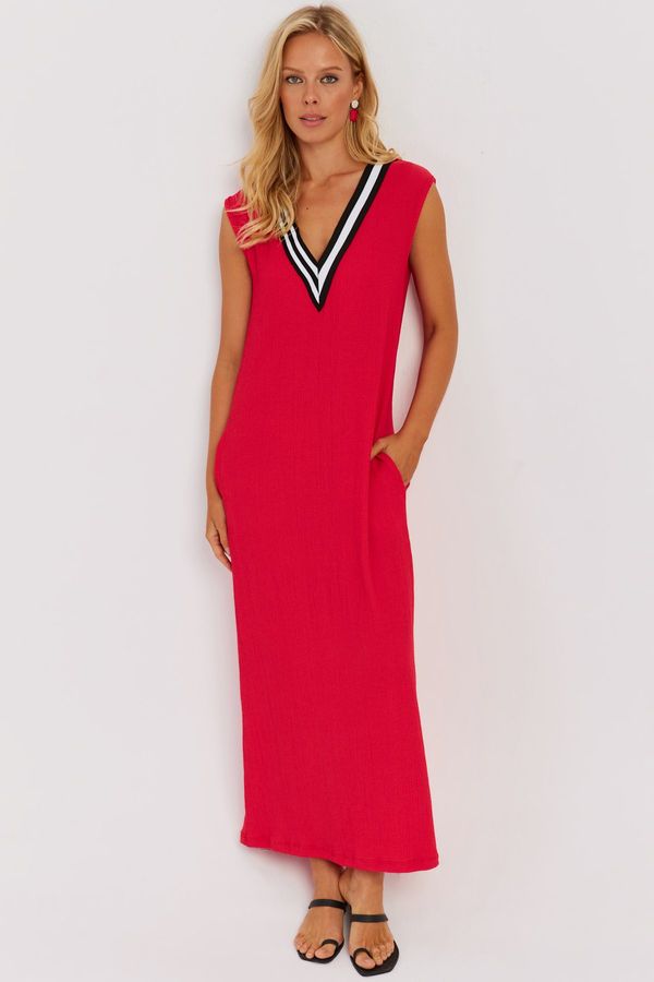 Cool & Sexy Women's Red V Neck Block Maxi Dress