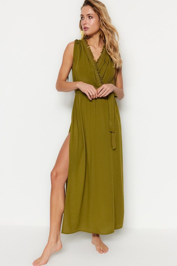 TRENDYOL KHAKI BELTED MAXI WOVEN LACE BEACH DRESS