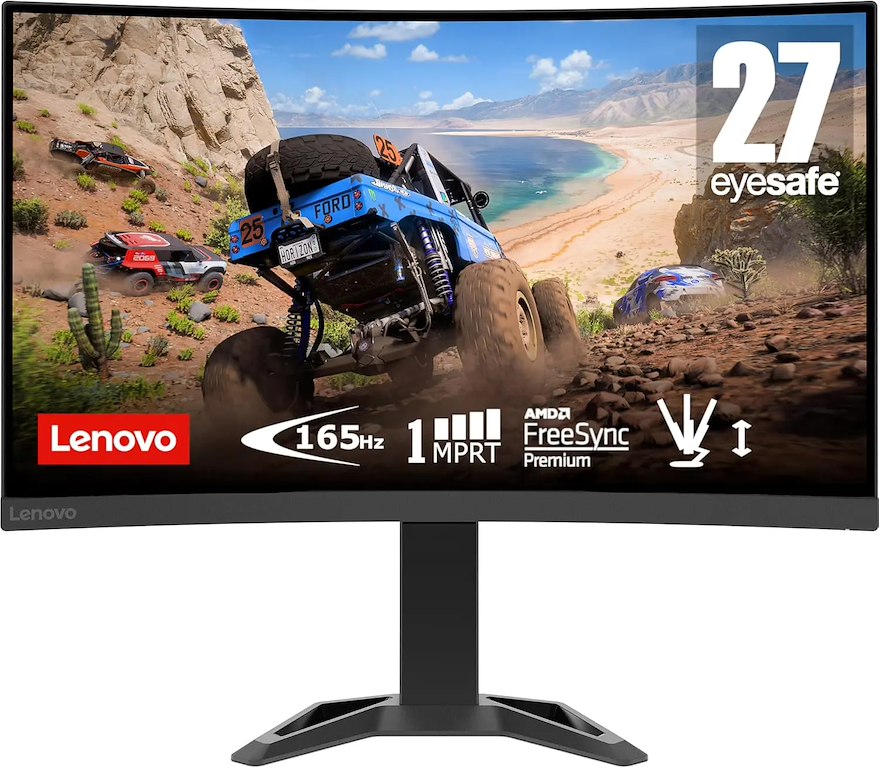 Lenovo gaming monitor 27" G27qc-30 Curved (1500R) 2.5K WQHD (2560x1440) VA LED/ 16:9/ 165Hz/ 3000:1/ 1ms/ 350n 99% sRGB/ 90% DCI-p3/ 66F4GAC2EU