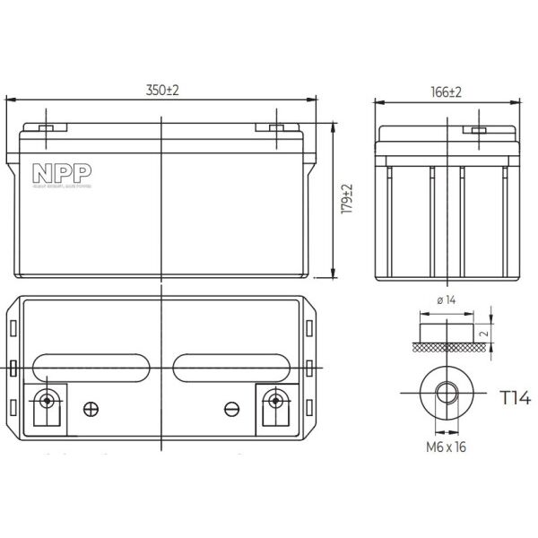 NPP NPG12V-65Ah, GEL BATTERY, C20=65AH, T14, 350*168*179*179, 18,3KG, Light grey