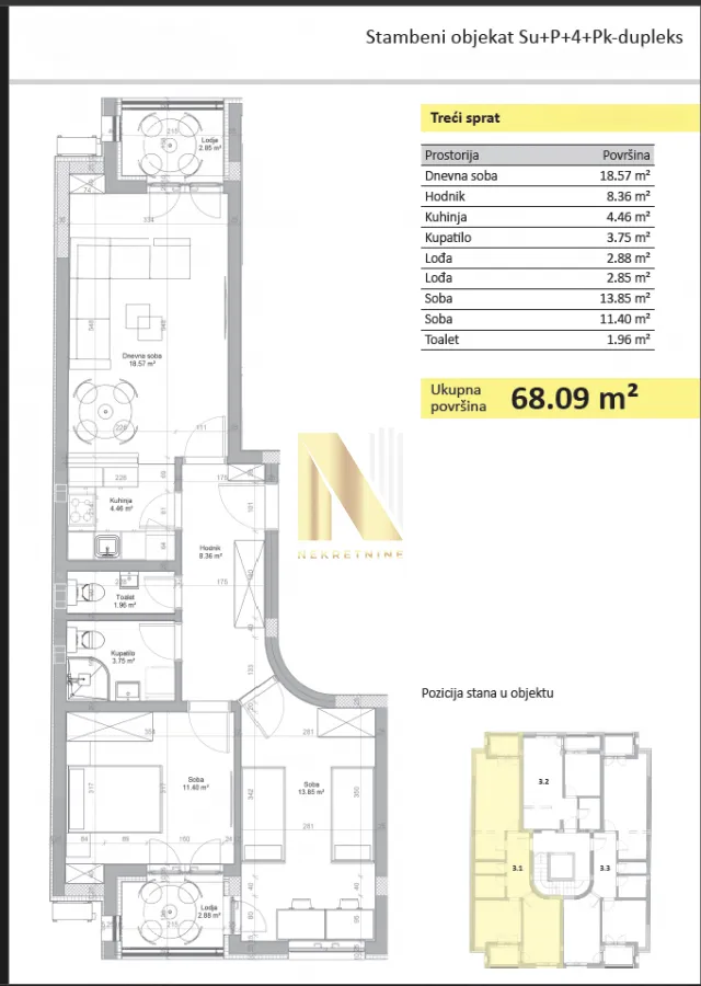 Prodaja, trosoban stan, 68m2, Novo naselje, Novi Sad