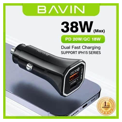 Bavin auto punjač PD20W QC3.0 USB-A + USB-C crna