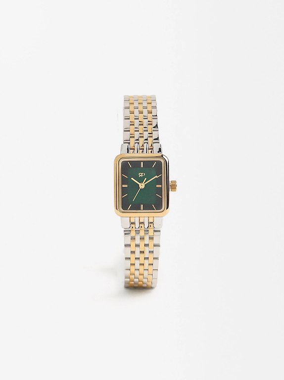 Square dial watch with steel bracelet