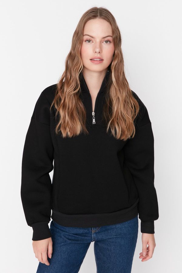 TRENDYOL BLACK OVERSIZE/WIDE FIT ZIPPERED STAND-UP COLLAR THICK INSIDE FLEECE KNITTED SWEATSHIRT