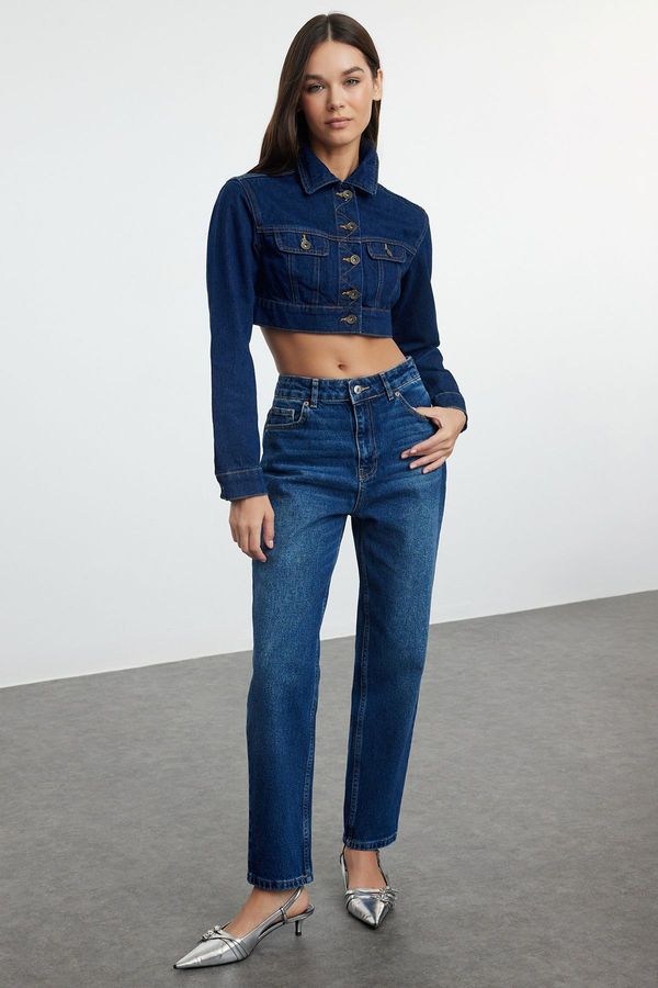 TRENDYOL DARK BLUE HIGH WAIST SLIM MOM JEANS