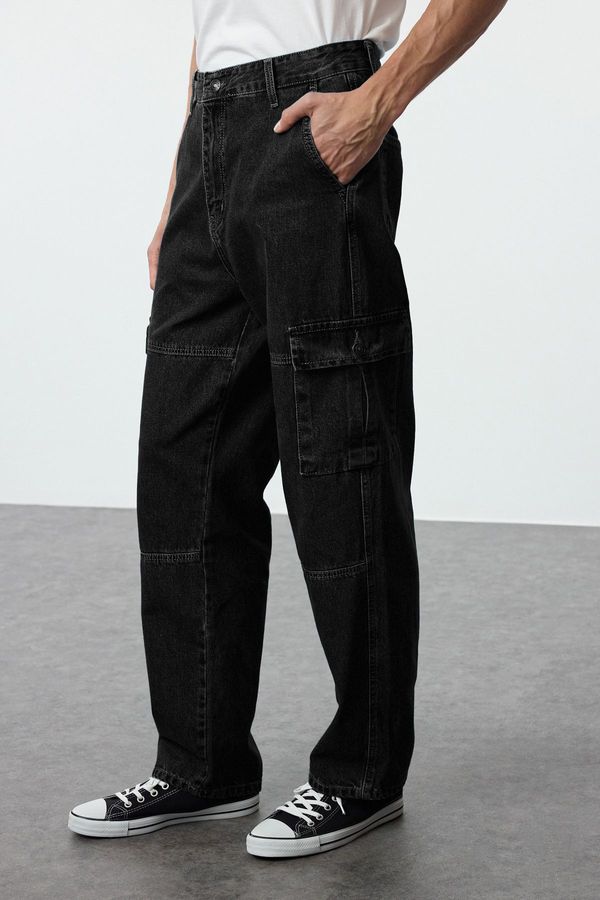 TRENDYOL MEN'S BLACK BAGGY CARGO LOOSE JEANS TROUSERS JEANS
