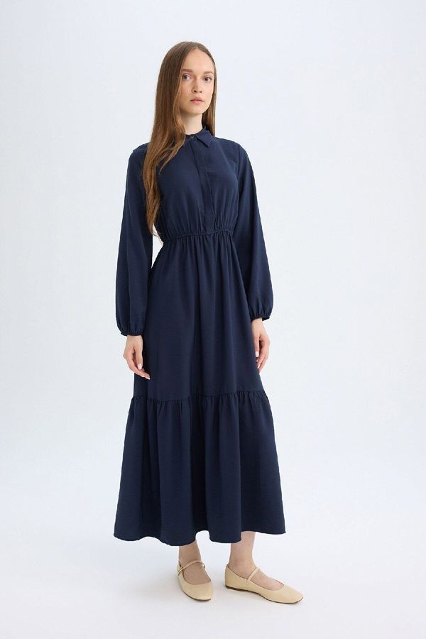 DEFACTO SHIRT COLLAR BASIC PLAIN BUTTONED WAIST GATHERED LONG SLEEVE MAXI NAVY BLUE DRESS