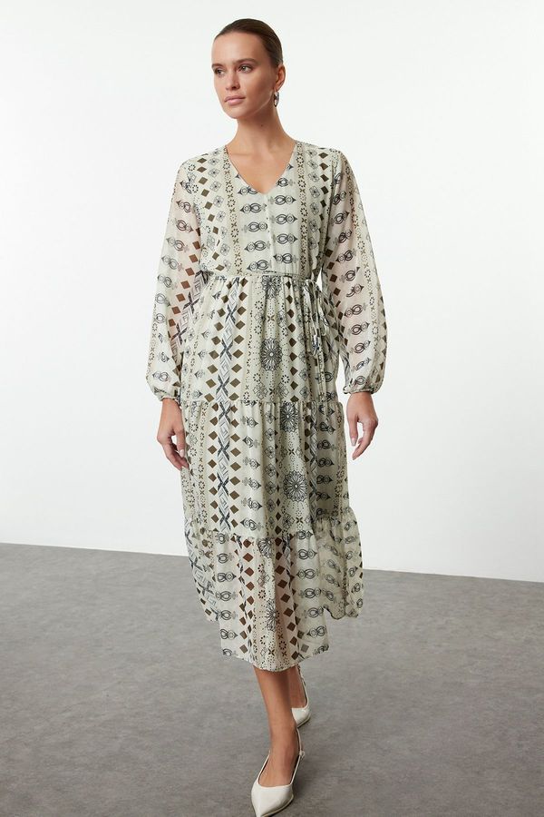 TRENDYOL GREEN BELTED ETHNIC A-LINE MAXI WOVEN WINTER DRESS
