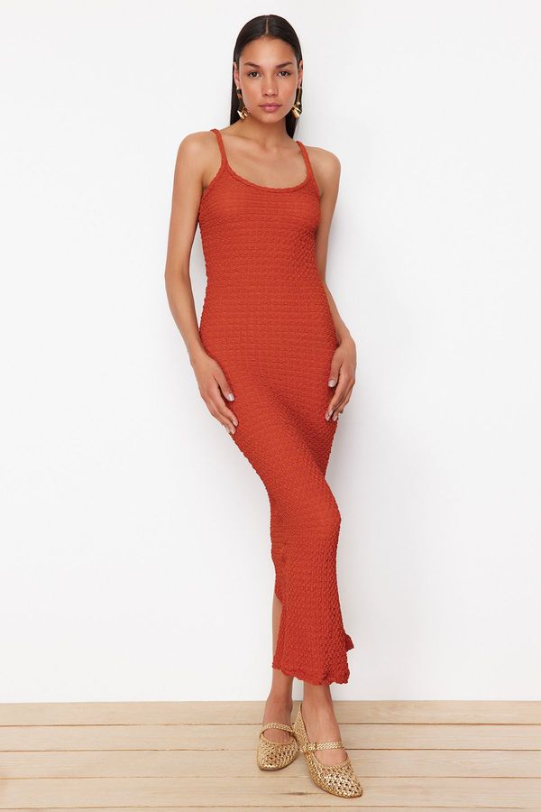 TRENDYOL CINNAMON TEXTURED PLAIN BODYCONE/FIT STRAP MAXI STRETCHY KNITTED PENCIL DRESS
