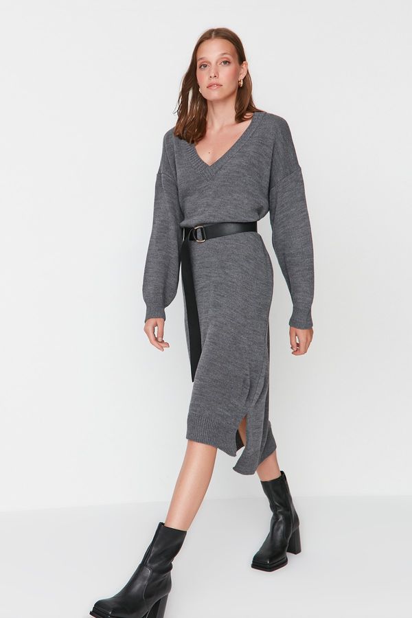 TRENDYOL ANTHRACITE MAXI KNITWEAR WIDE PATTERN DRESS