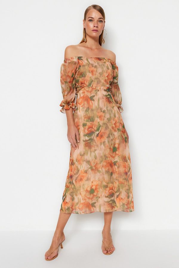 TRENDYOL ORANGE FLORAL PRINT A-LINE CARMEN COLLAR CHIFFON LINED MAXI WOVEN DRESS