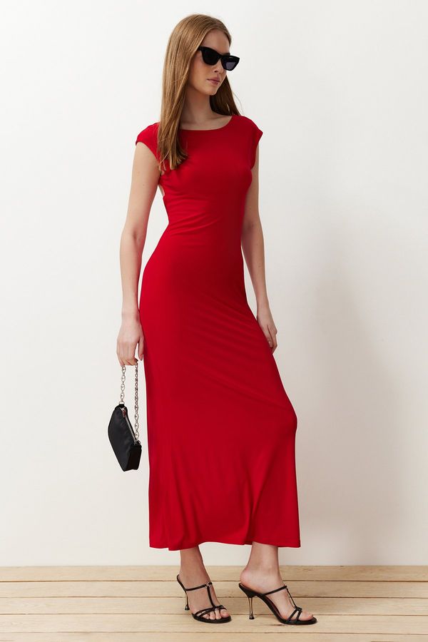 TRENDYOL RED BACKLESS FITTED KNITTED FLEXIBLE MAXI PENCIL DRESS