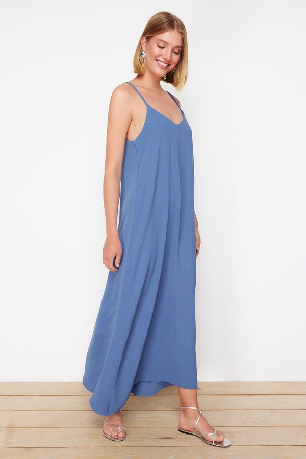 TRENDYOL INDIGO STRAIGHT CUT V-NECK MAXI WOVEN DRESS