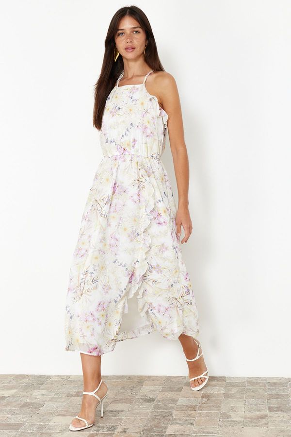 TRENDYOL ECRU FLORAL PRINT A-LINE RUFFLE DETAIL CHIFFON LINING MAXI WOVEN DRESS