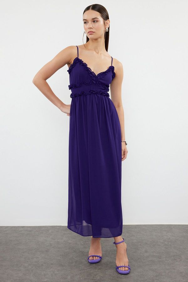 TRENDYOL PURPLE FLORAL PATTERNED A-CUT RUFFLE DETAILED LINED CHIFFON MAXI WOVEN DRESS