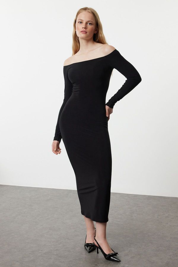 TRENDYOL BLACK STRAIGHT CARMEN NECK BODYCONE/FITTING FLEXIBLE MAXI KNITTED DRESS