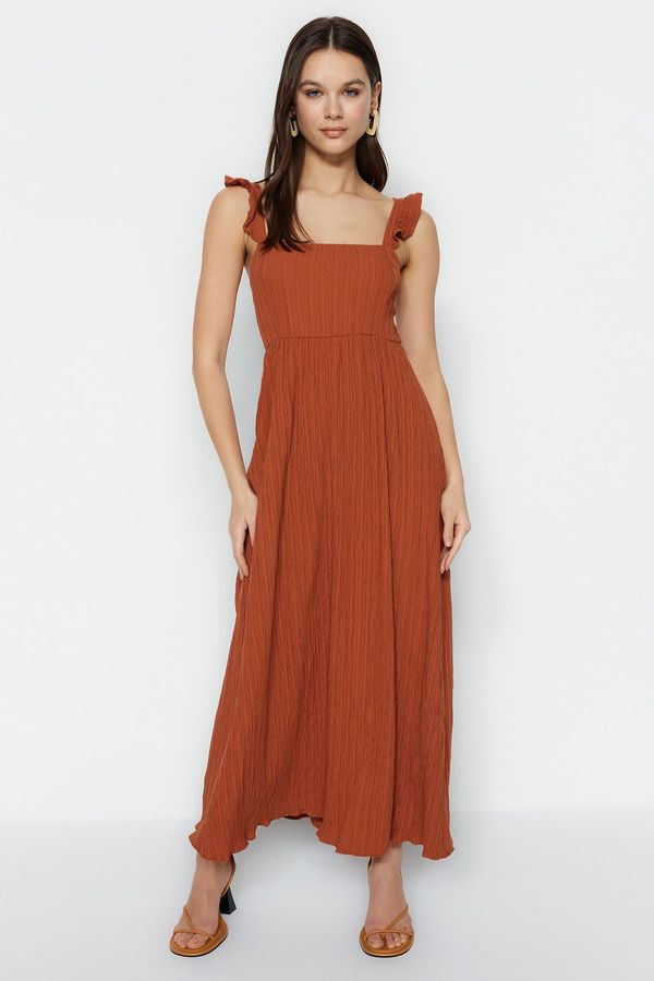 TRENDYOL CINNAMON STRAIGHT CUT SQUARE COLLAR RUFFLE DETAILED MAXI WOVEN DRESS