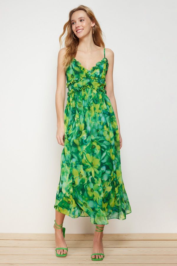 TRENDYOL GREEN FLORAL PRINT A-CUT RUFFLE DETAILED LINED CHIFFON MAXI WOVEN DRESS