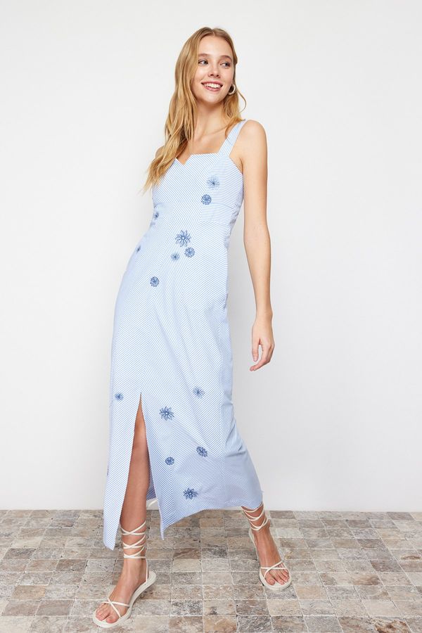 TRENDYOL BLUE A-LINE EMBROIDERED SQUARE NECK MAXI WOVEN DRESS