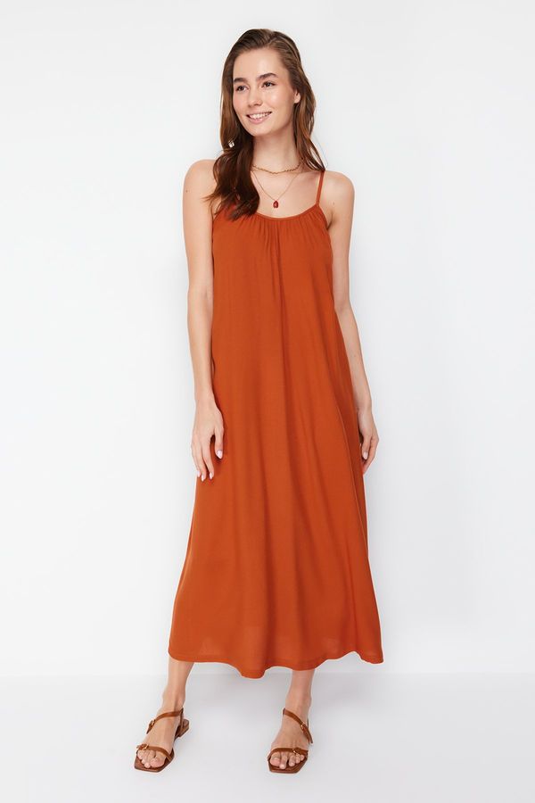 TRENDYOL BROWN SHIFT/STRAIGHT CUT VISCOSE STRAP MAXI WOVEN DRESS