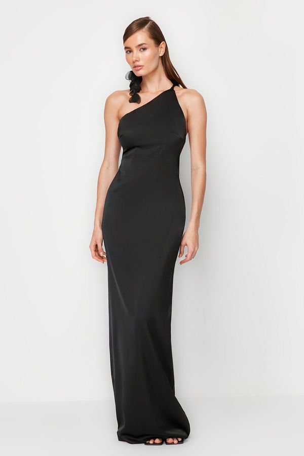 TRENDYOL BLACK A-LINE ROSE DETAILED WOVEN SATIN LONG ELEGANT EVENING DRESS