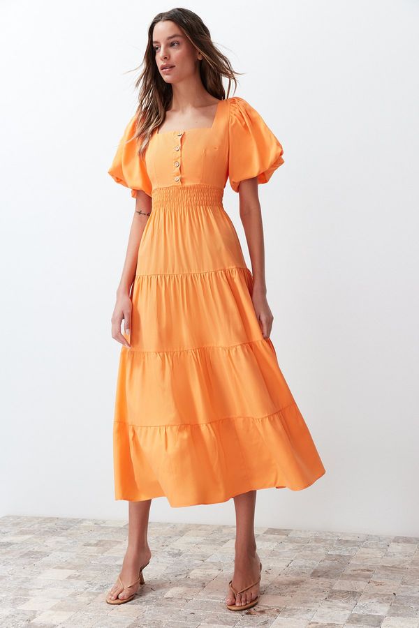 TRENDYOL ORANGE WAIST OPENING GIPE AND BACK DETAILED SQUARE COLLAR MAXI WOVEN DRESS