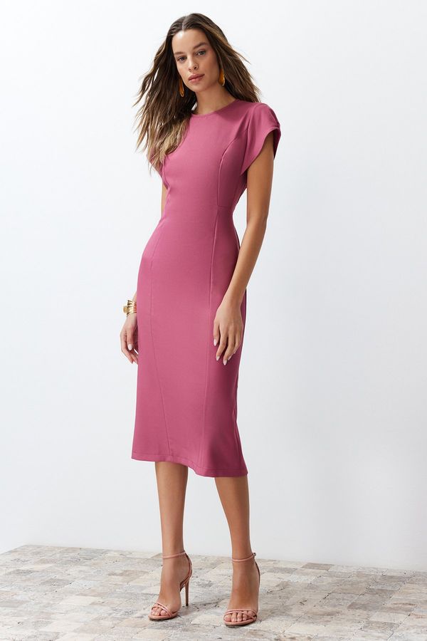 TRENDYOL DUSTY ROSE BODYCON LOW SLEEVE CREW NECK MIDI PENCIL SKIRT WOVEN DRESS