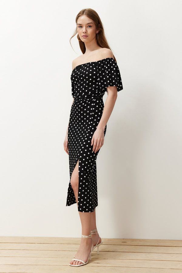 TRENDYOL BLACK POLKA DOT POLKA DOT CARMEN COLLAR GATHERED RIBBED FLEXIBLE