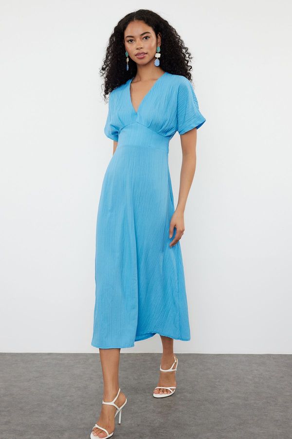 TRENDYOL LIGHT BLUE A-LINE BODICE DETAILED V-NECK MAXI WOVEN DRESS