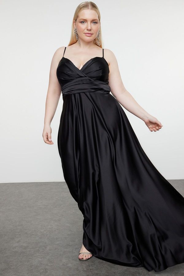 TRENDYOL CURVE BLACK STRAP DOUBLE BREASTED NECK A-CUT MAXI WOVEN EVENING DRESS/EVENING/GRADUATION/ENGAGEMENT DRESS