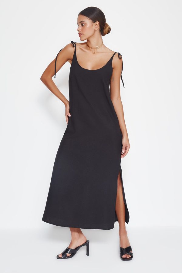 TRENDYOL BLACK STRAIGHT CUT SLIT STRAPPY MAXI WOVEN DRESS