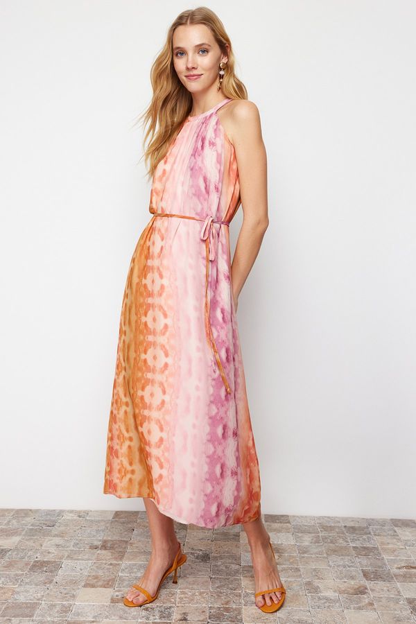 TRENDYOL PINK ABSTRACT PATTERN STRAIGHT CUT CHIFFON LINED MAXI WOVEN DRESS
