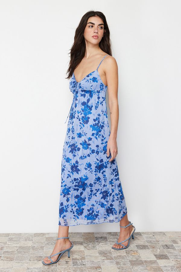 TRENDYOL BLUE FLORAL PLEATED MAXI PRINTED MAXI LENGTH SWEETHEART NECK KNITTED DRESS