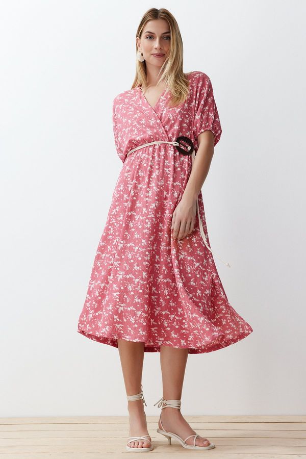 TRENDYOL PINK PRINTED ACCESSORY BELT DETAILED GATHERED ELASTIC KNITTED MAXI DRESS
