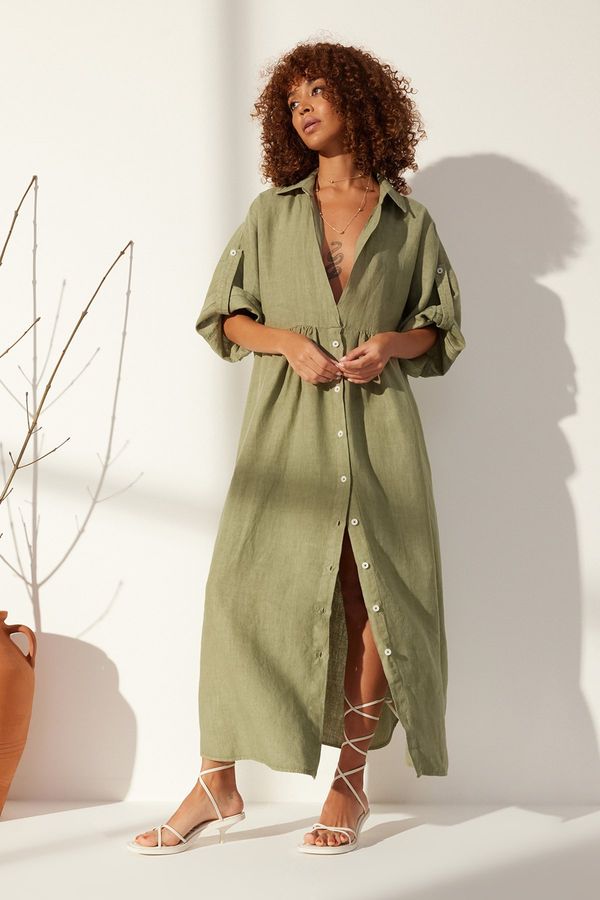 TRENDYOL GREEN 100% LINEN OVERSIZE MAXI DRESS