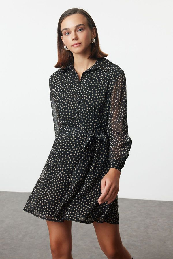TRENDYOL BLACK BELTED POLKA DOT WAIST OPENING LINED CHIFFON WOVEN WINTER DRESS