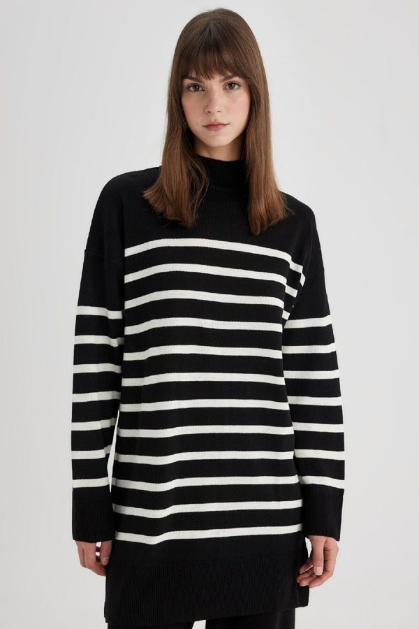 DEFACTO RELAX FIT STRIPED TURTLENECK SLIT KNITWEAR SWEATER TUNIC